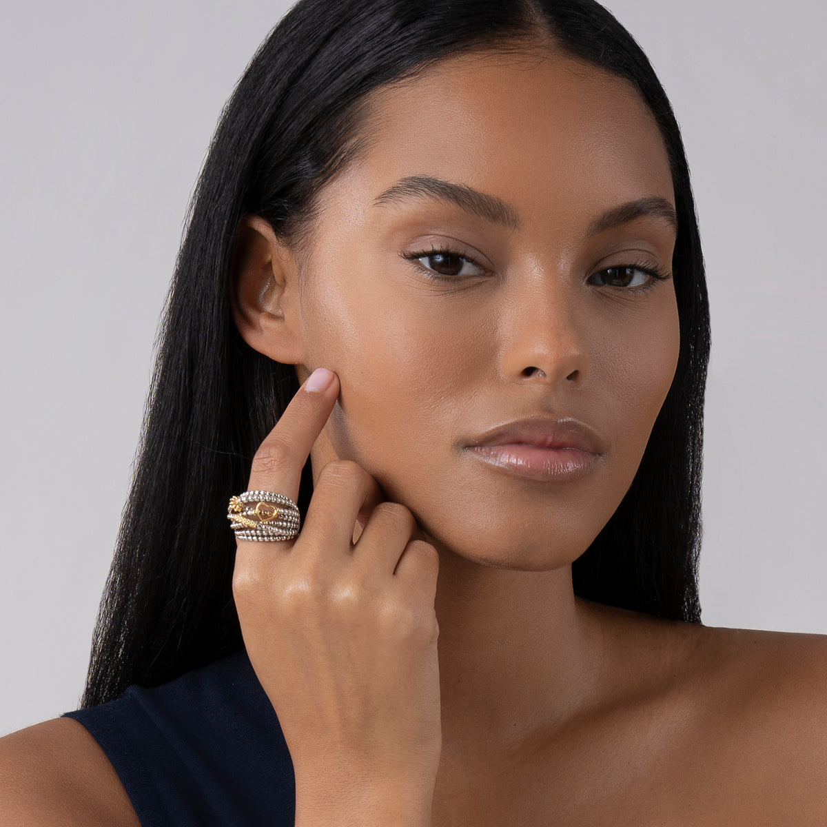 Elegant Two-Tone Caviar Statement Ring by LAGOS